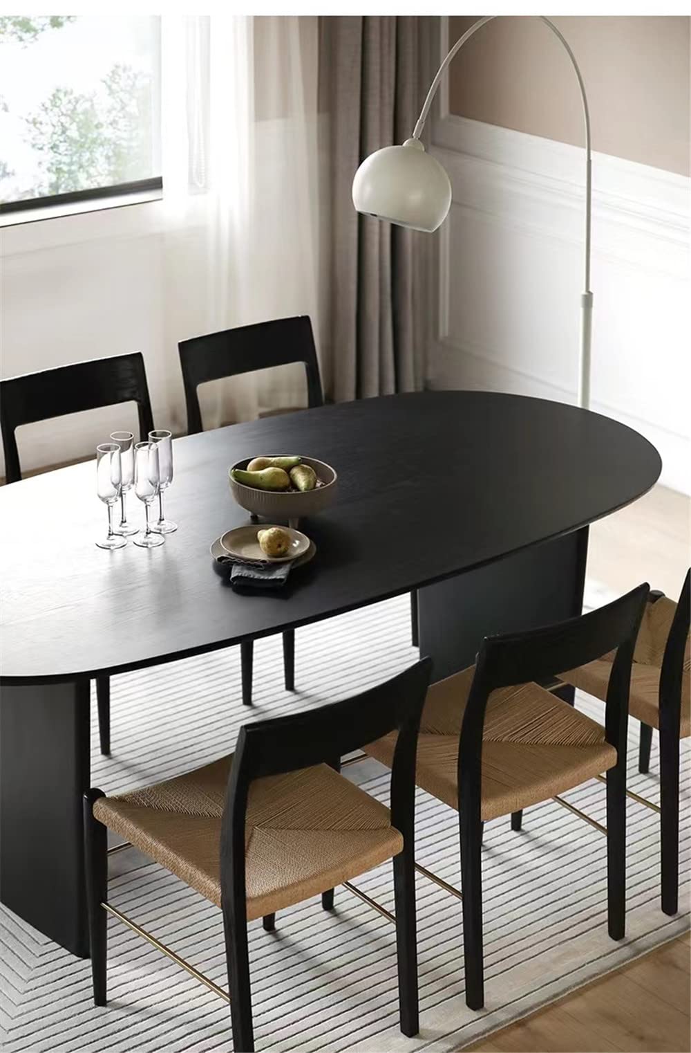 NIUYAO Modern Solid Oval Table with Double Pedestal, Natural Black Wood Top Table Simplicity Wabi-sabi Style Furniture for Dining Room Kitchen Leisure Coffee Table -47" L x 27.5" W x 29.5" H