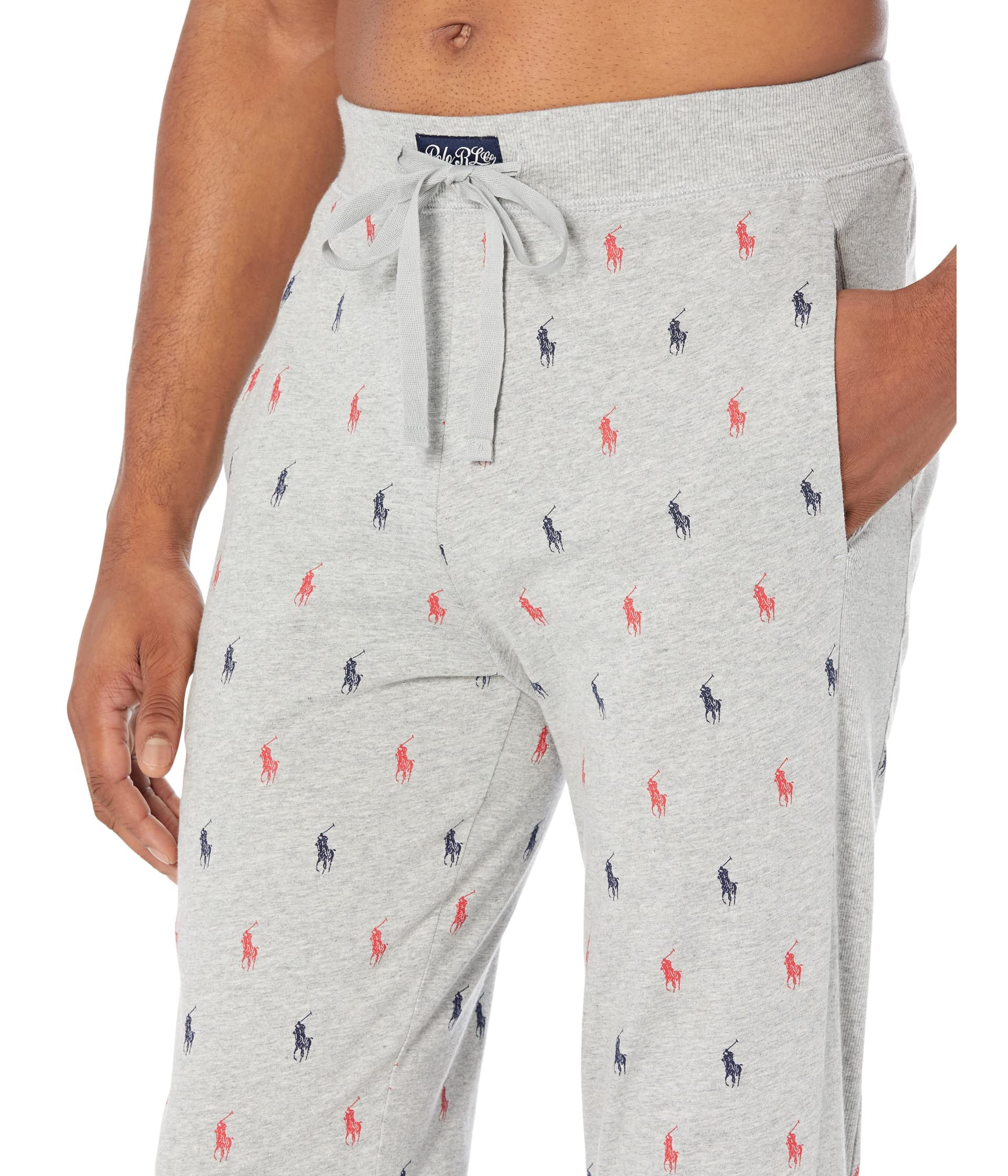 Polo Ralph Lauren Rib Waistband Pajama Joggers w/Ribbed Side Panel Andover Heather/Rl2000 Red/Cruise Navy All Over Pony Print MD