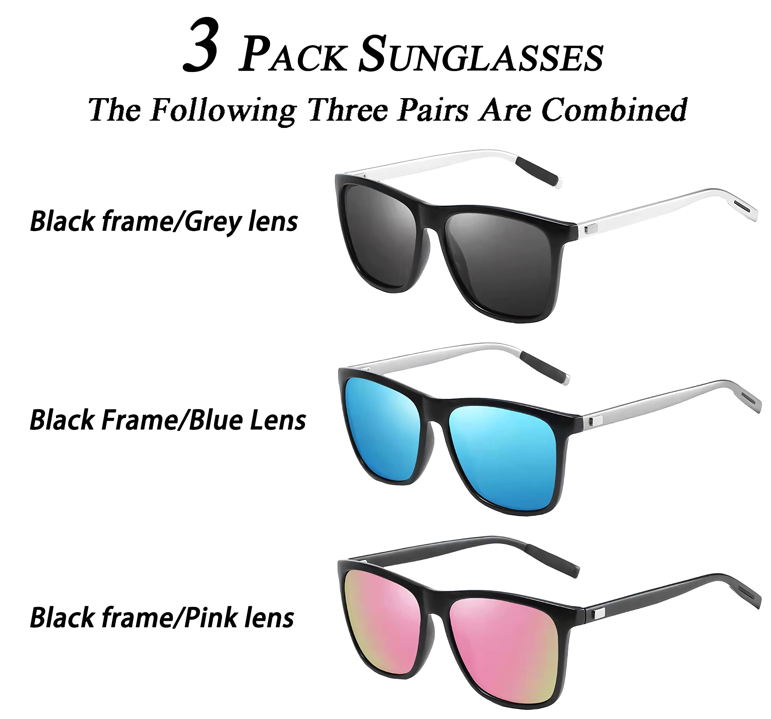 Men's and women's fashion square frame aluminum magnesium leg polarized sunglasses UV400 protection (L-A387 black+blue+pink)