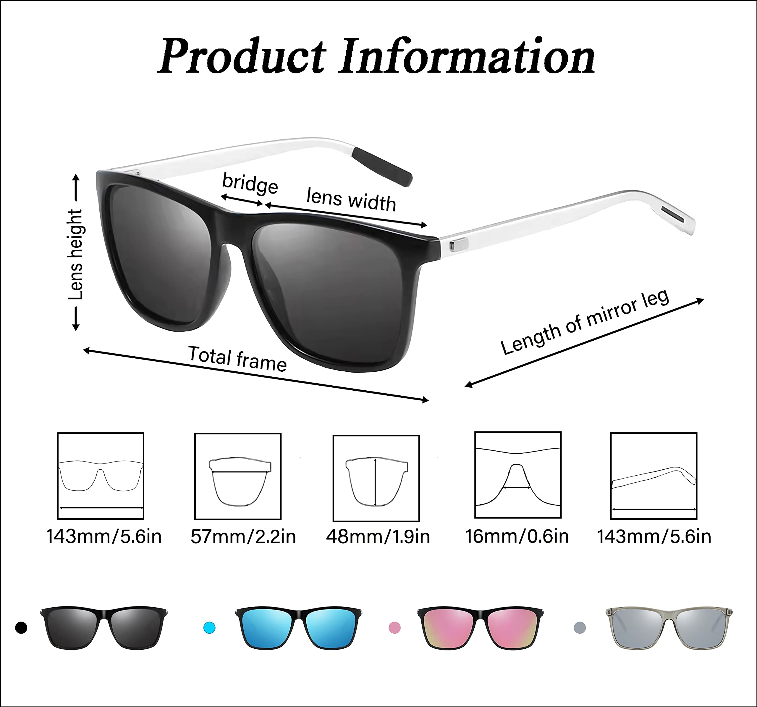 Men's and women's fashion square frame aluminum magnesium leg polarized sunglasses UV400 protection (L-A387 black+blue+pink)