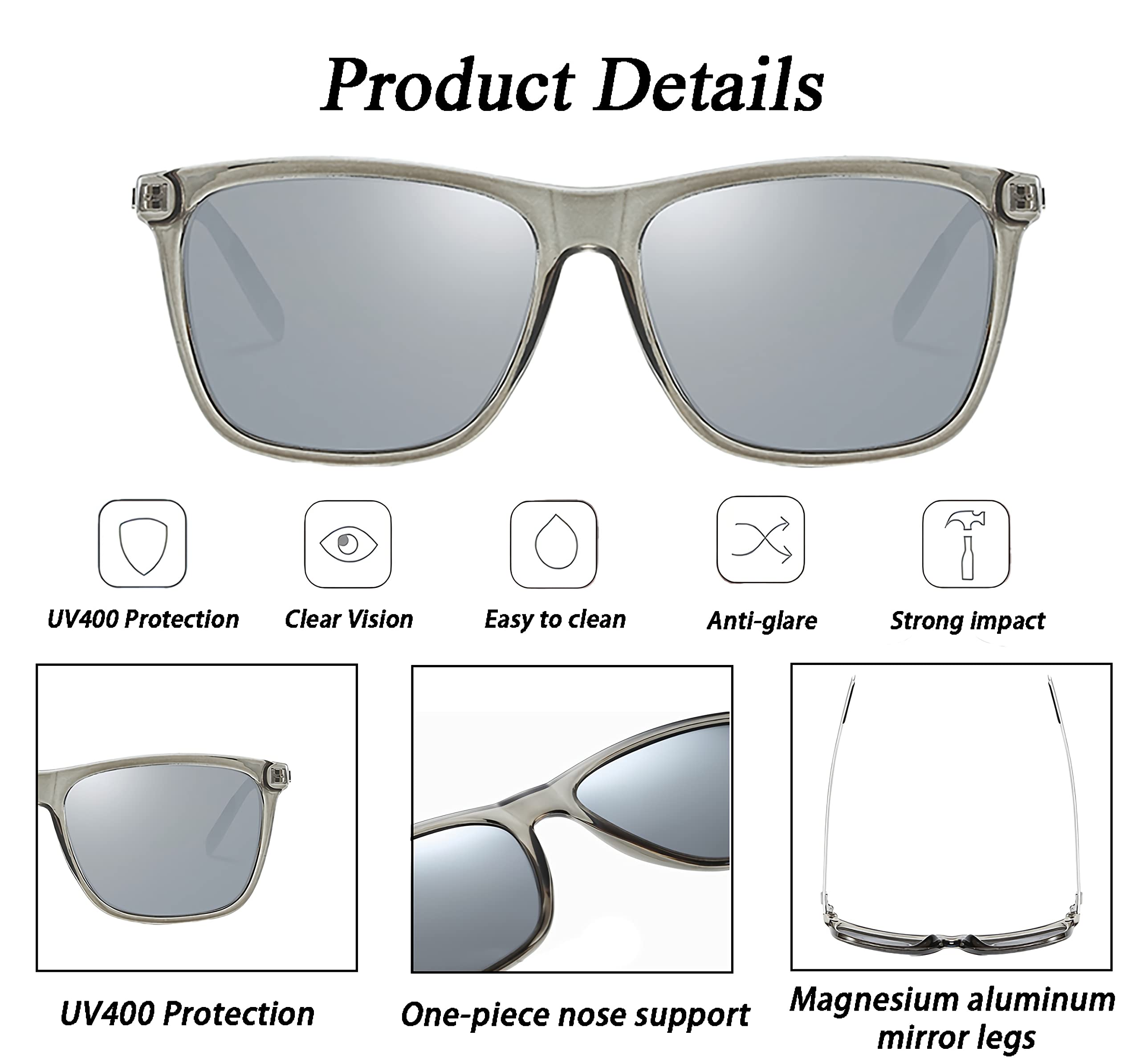 Men's and women's fashion square frame aluminum magnesium leg polarized sunglasses UV400 protection (L-A387 black+blue+pink)