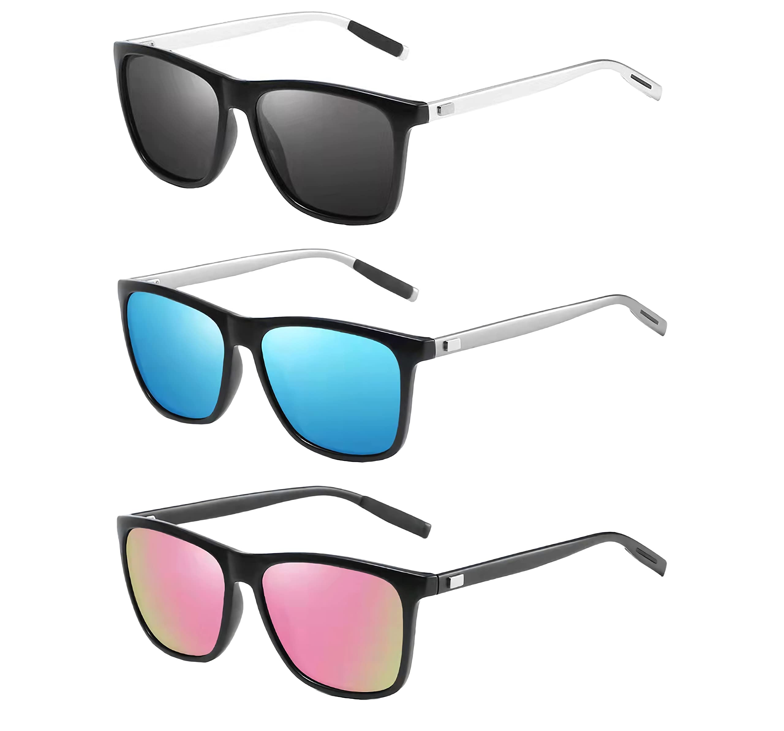 Men's and women's fashion square frame aluminum magnesium leg polarized sunglasses UV400 protection (L-A387 black+blue+pink)