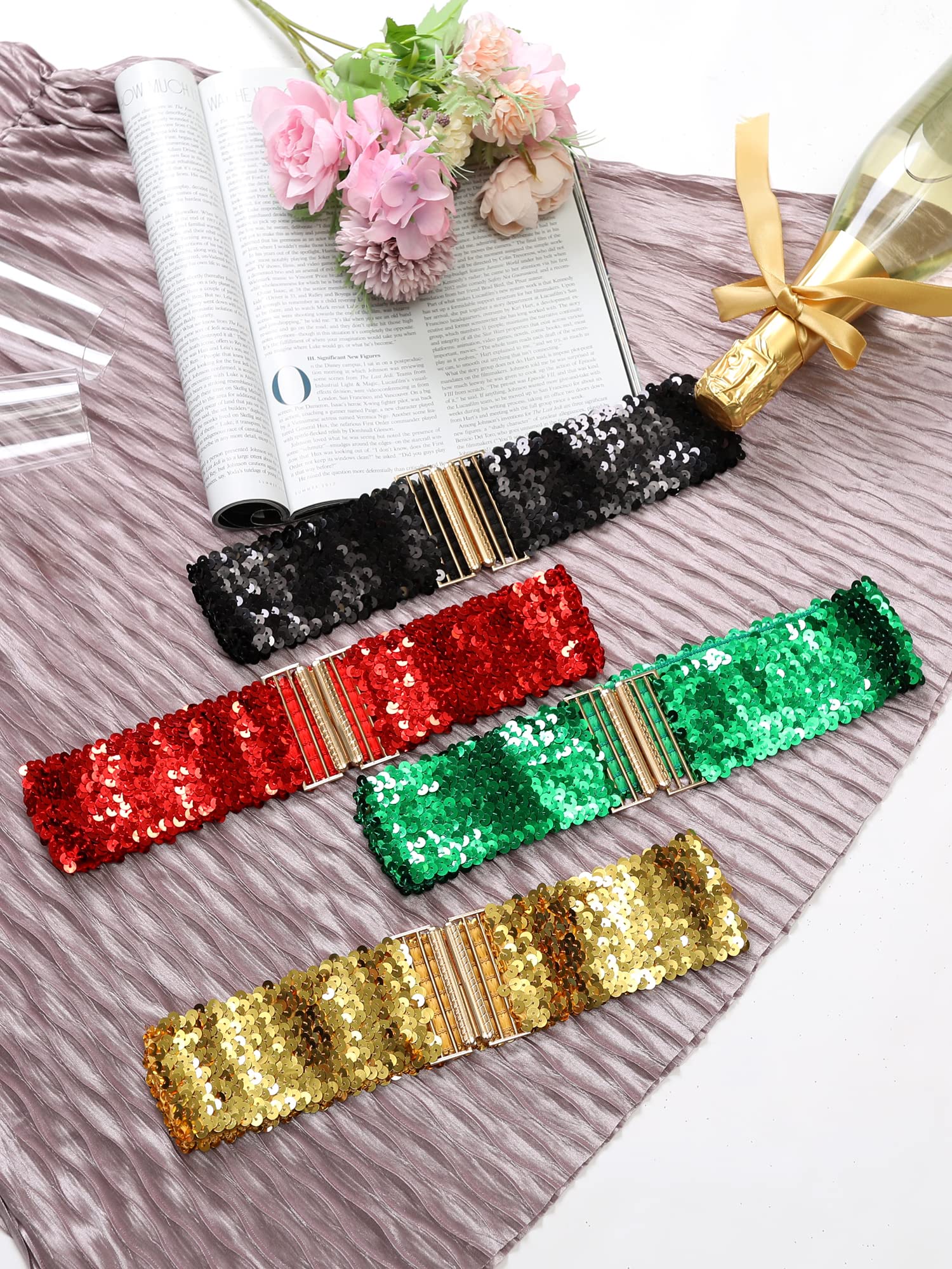 Allegra K Womens Elastic Waist Belt Sequins Decor Metal Interlock Buckles Belts for Dresses 60cm/23.62" Orange