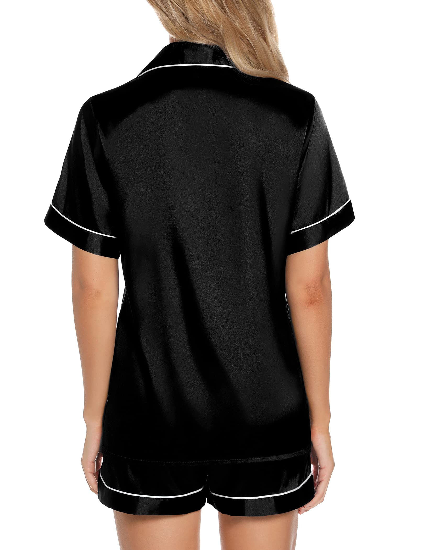 Pjmlifecoco Silk Pajamas for Women Satin Sleepwear Short Sleeve Sleep Shirt with Shorts Soft Loungewear Pjs Set Black