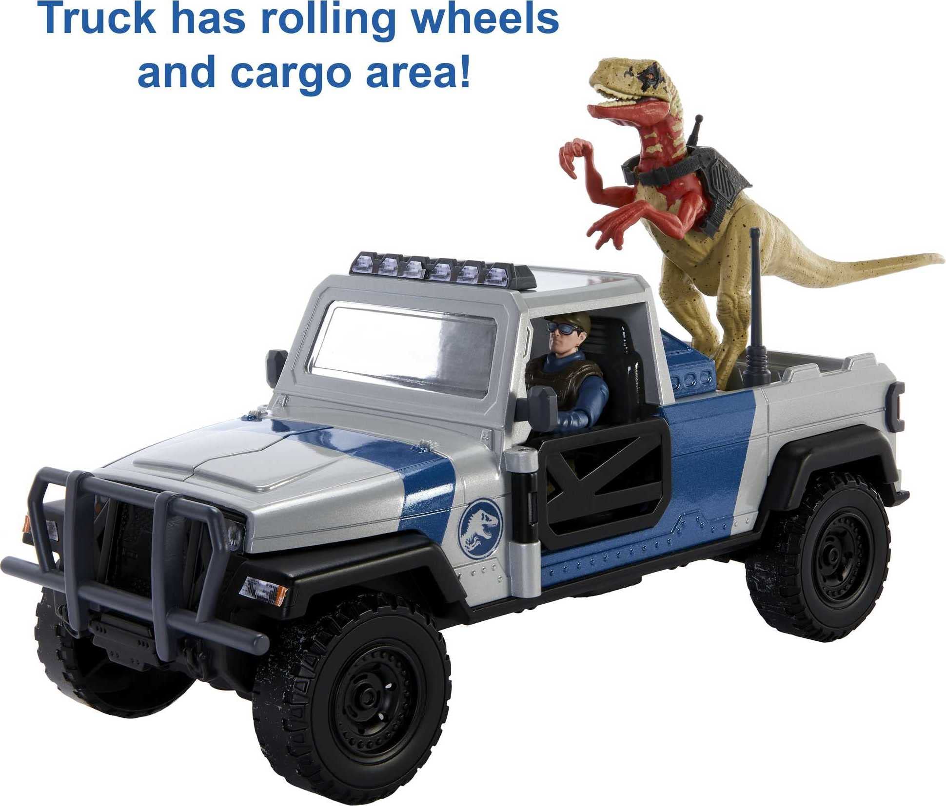 Mattel Jurassic World Search 'n Smash Truck Set with Atrociraptor Dinosaur & Human Action Figure, Vehicle with Destruct Features
