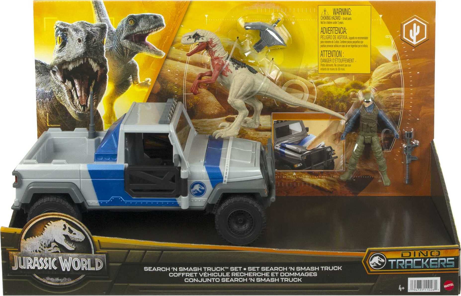 Mattel Jurassic World Search 'n Smash Truck Set with Atrociraptor Dinosaur & Human Action Figure, Vehicle with Destruct Features