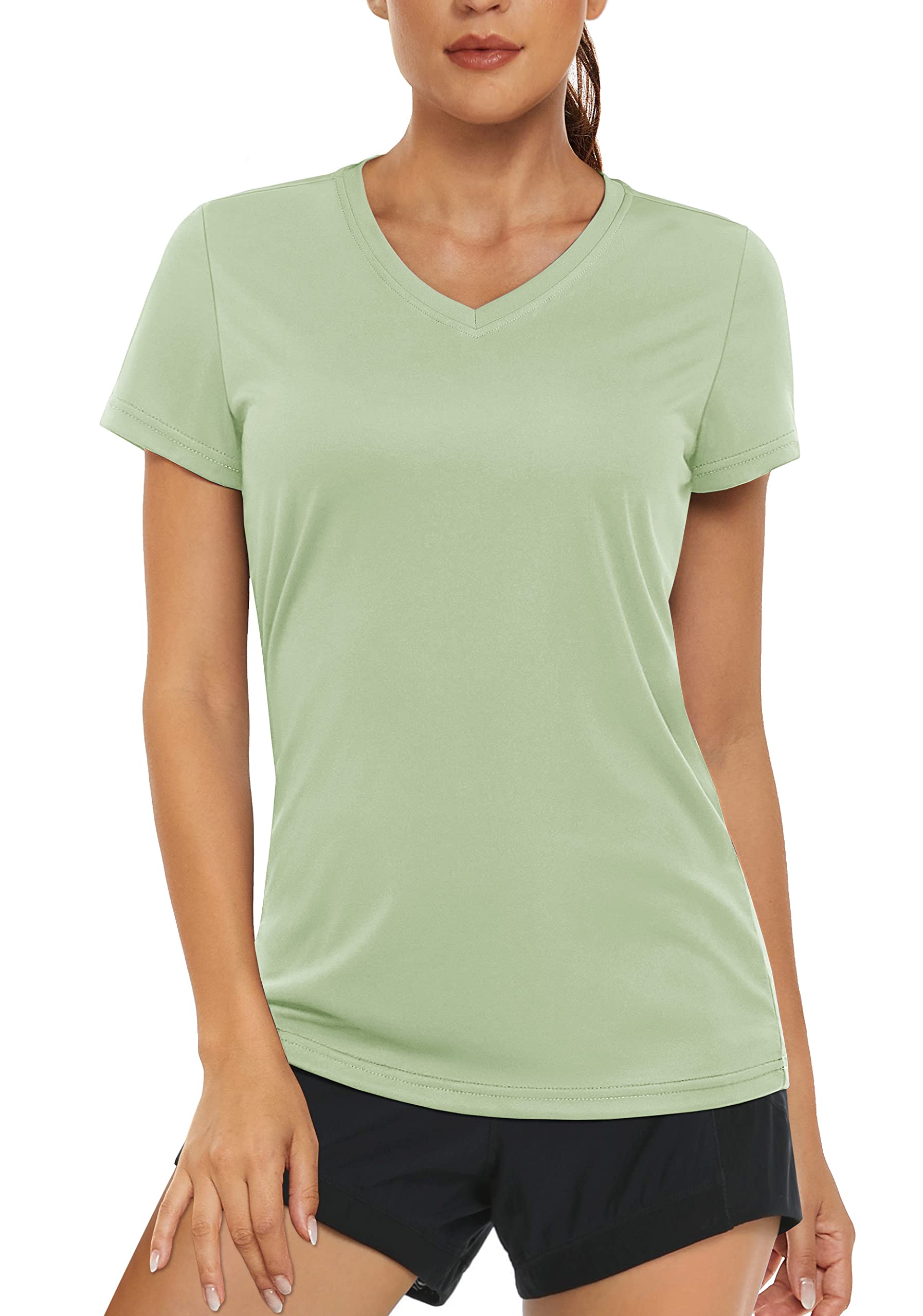 MAGCOMSEN Women's Dry Fit Shirts Running Shirts for Women Outdoor Shirts Summer Hiking Shirts Cool Short Sleeve Athletic T-Shirts L Light Green