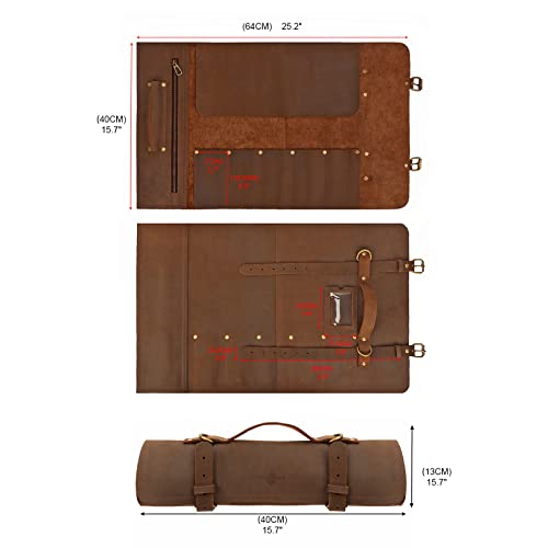 TOURBON Leather Knife Roll Bag, Kitchen Tool Holder with 5 Slot and Zipper pocket, Camping Cooking Tools Stroage Carry Case with Shoulder Strap