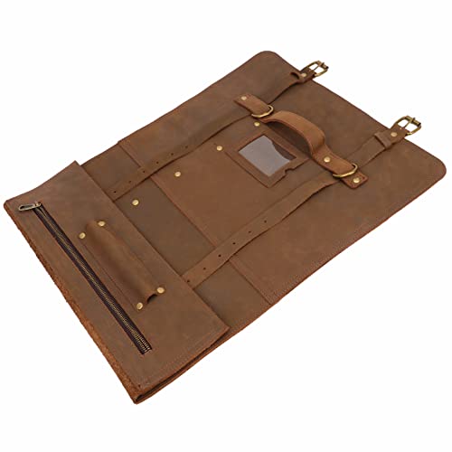 TOURBON Leather Knife Roll Bag, Kitchen Tool Holder with 5 Slot and Zipper pocket, Camping Cooking Tools Stroage Carry Case with Shoulder Strap