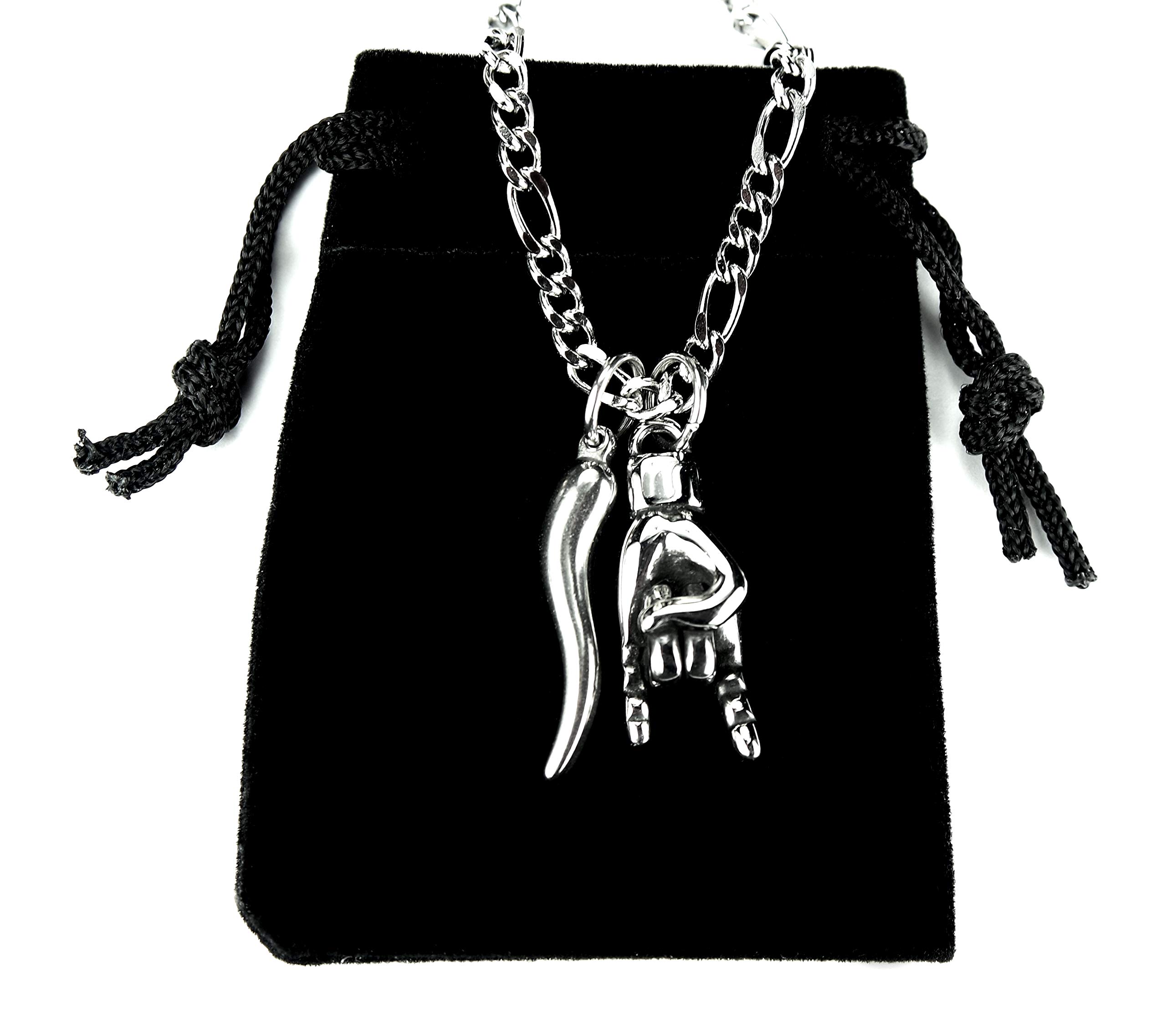Mano Cornuto and Cornicello combo Necklace, on 24" Figaro Chain, Portafortuna Italian Lucky Hand Horn Anti Evil Good Luck Protection Amulet Charms, Pure 304 Stainless Steel Waterproof, Hypo-Allergenic