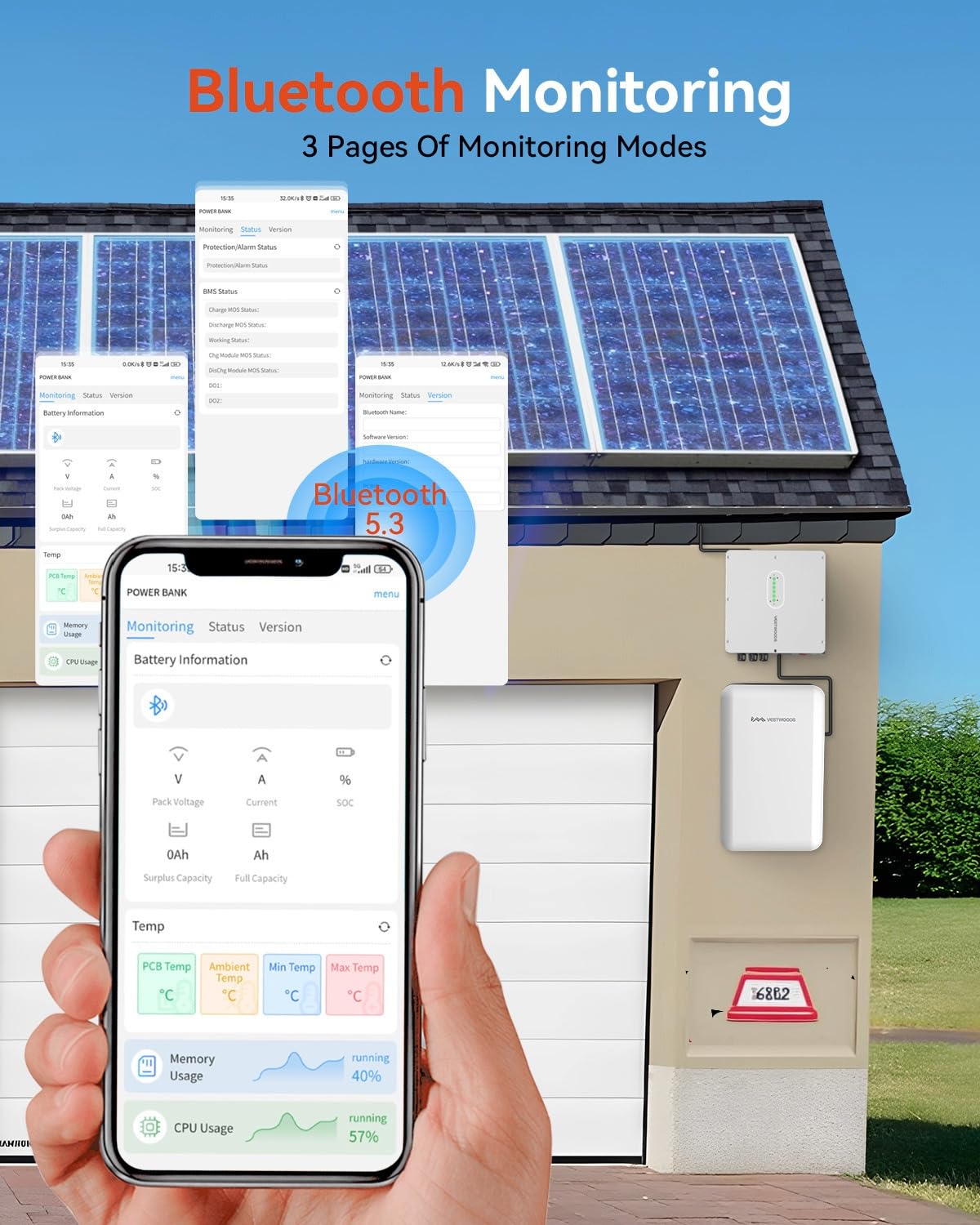 VESTWOODS 48V 100Ah LiFePO4 Battery, Canbus RS485 100A BMS 5120Wh 16-Cells Power Wall Lithium Battery, 10 Years 6000 Deep Cycles for Solar Energy Storage, Off-grid, Standby Power, IP65 for Outdoor