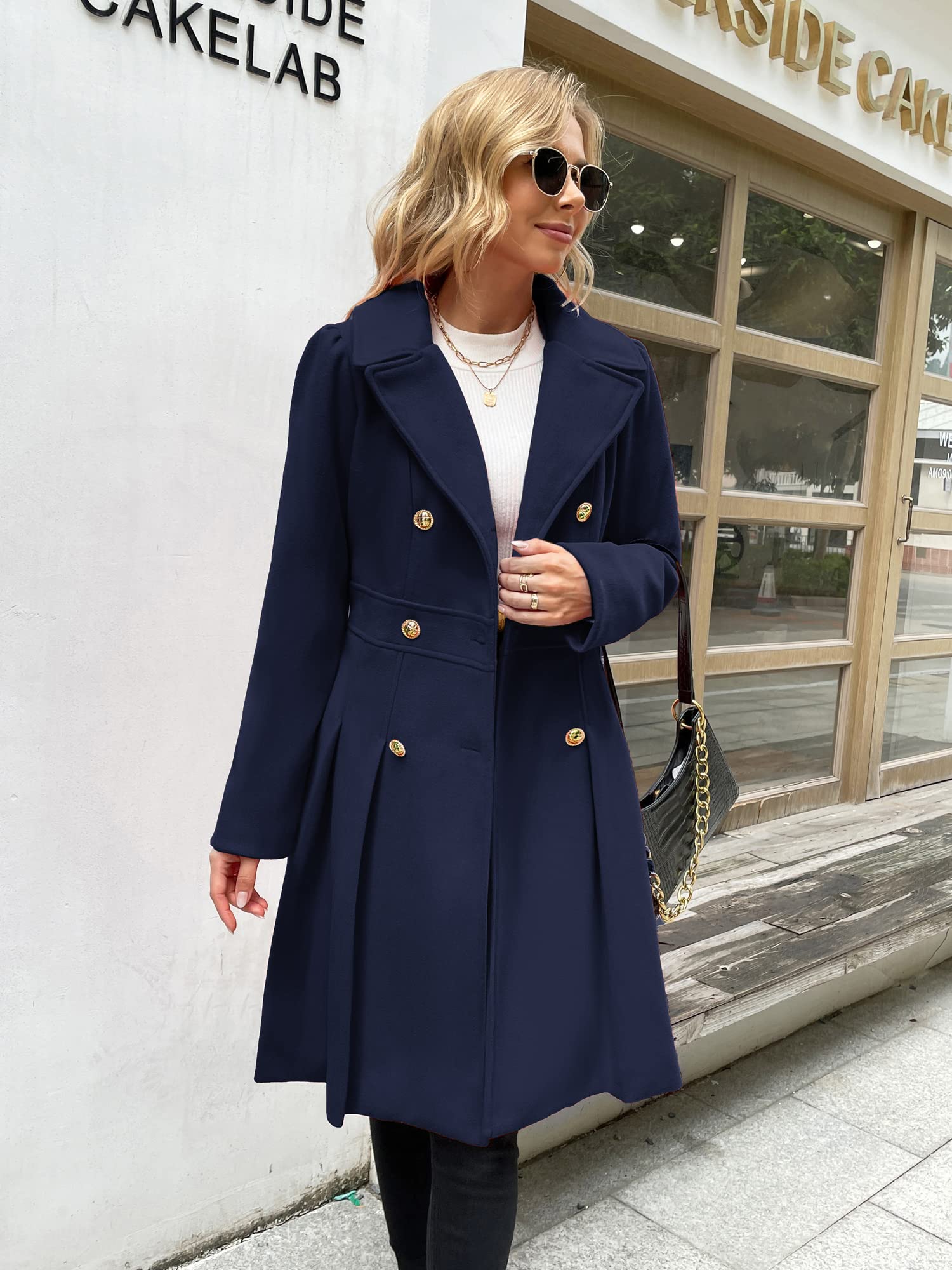 GRACE KARIN Women Swing Double Breasted Pea Coat Autumn Lapel Dress Outwear Dark Blue S