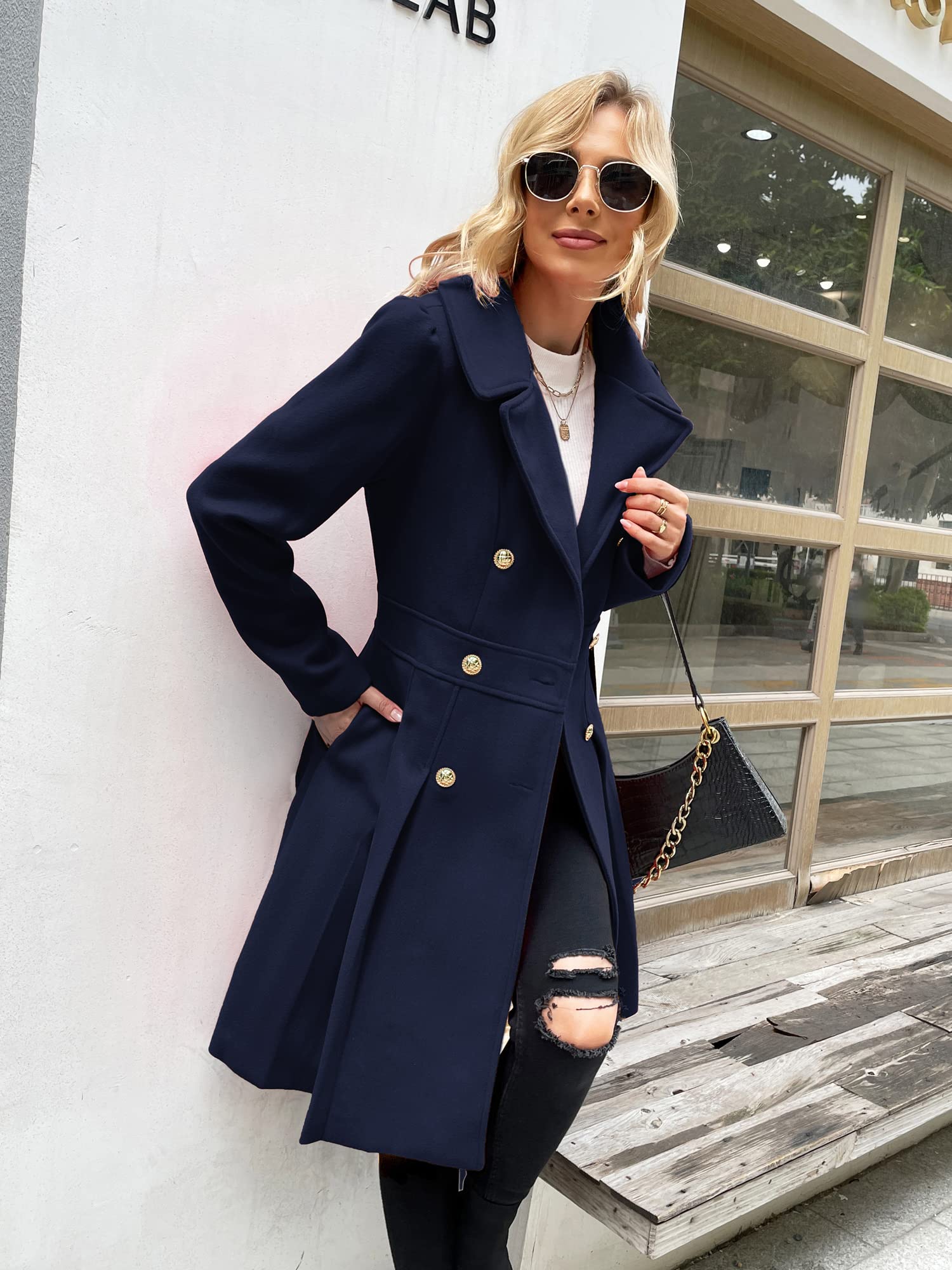GRACE KARIN Women Swing Double Breasted Pea Coat Autumn Lapel Dress Outwear Dark Blue S
