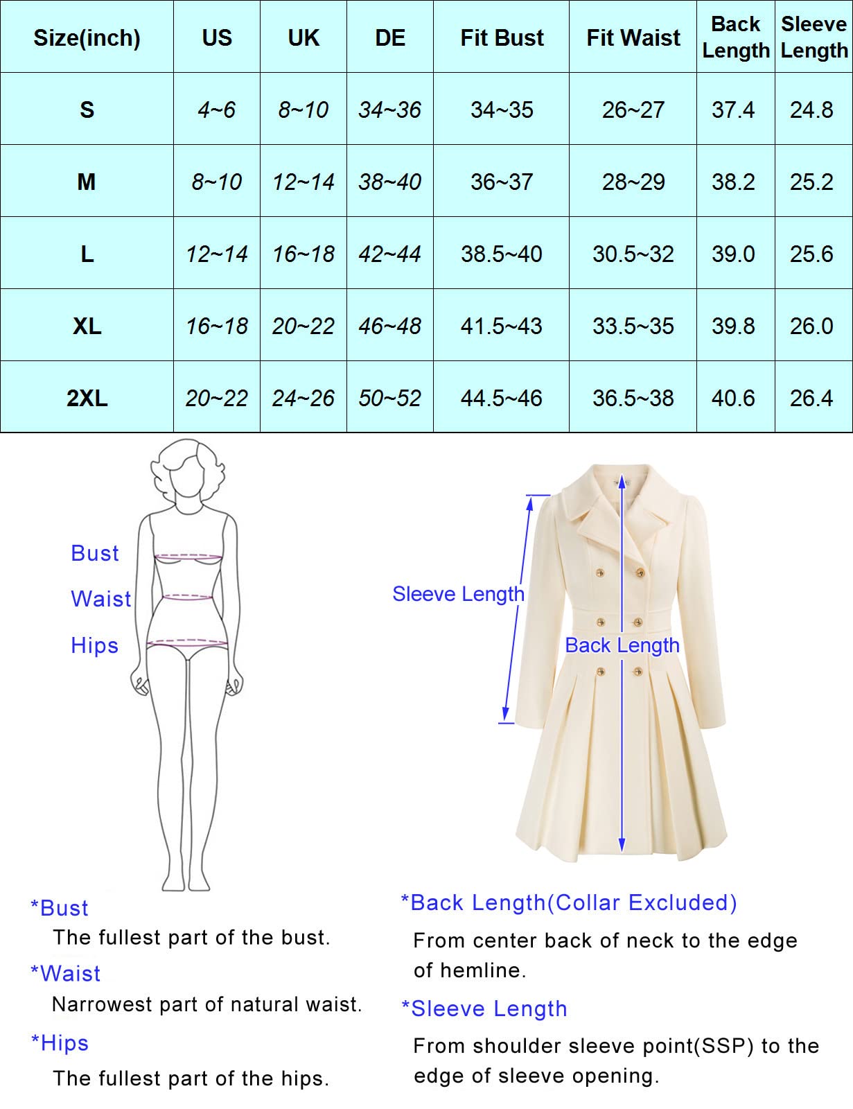 GRACE KARIN Women Swing Double Breasted Pea Coat Autumn Lapel Dress Outwear Dark Blue S