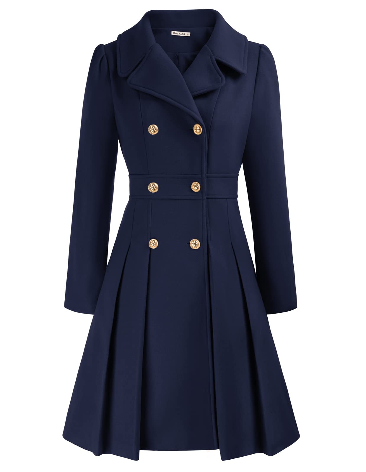 GRACE KARIN Women Swing Double Breasted Pea Coat Autumn Lapel Dress Outwear Dark Blue S