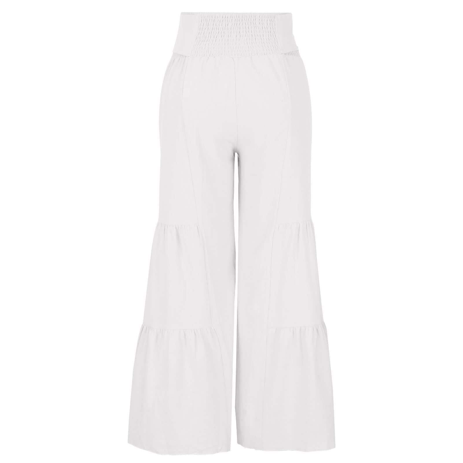 XUNRYAN Women's Linen Wide Leg Paper Bag Pants Elastic High Waisted Palazzo Pants Tiered Lounge Yoga Trousers with Pockets White