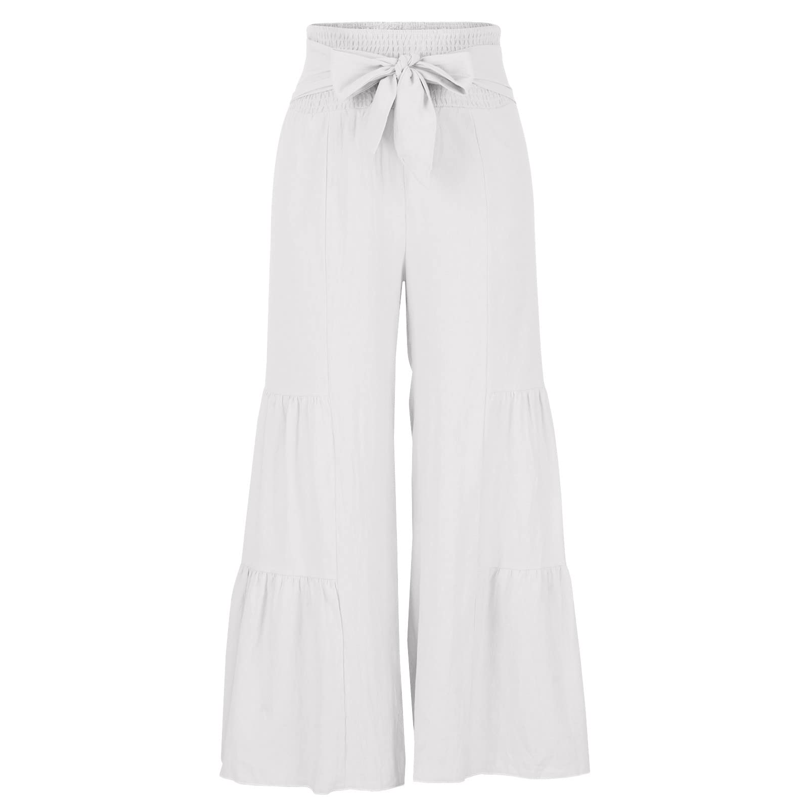 XUNRYAN Women's Linen Wide Leg Paper Bag Pants Elastic High Waisted Palazzo Pants Tiered Lounge Yoga Trousers with Pockets White