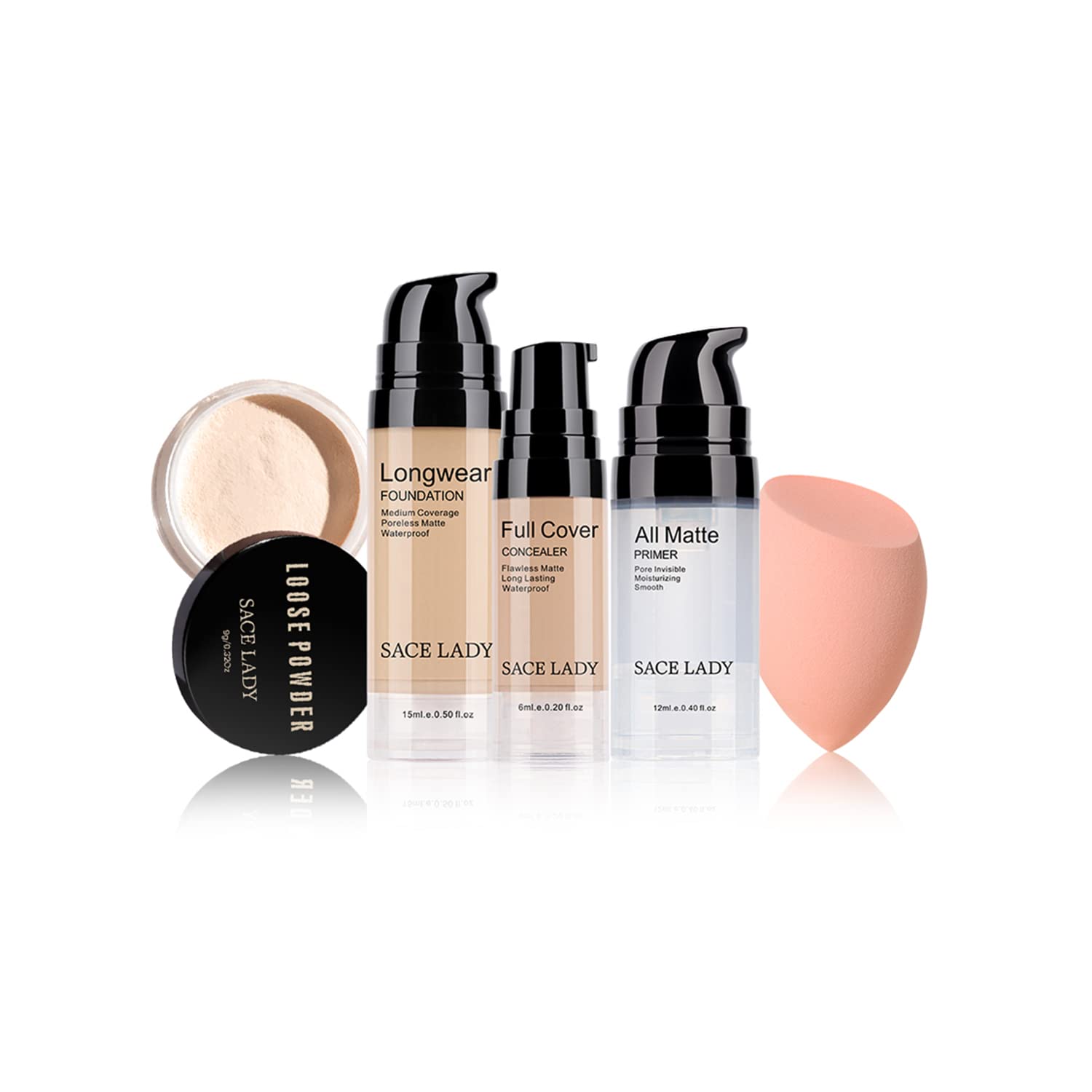 SACE LADY 5Pcs Face Base Makeup Set for Women Full Set, Flawless Matte Foundation, Full Cover Up Concealer for Eye Circles, Oil Control Loose Powder&Smooth Primer, Make Up Sponge, Lasting Waterproof Natural Cosmetics Kit