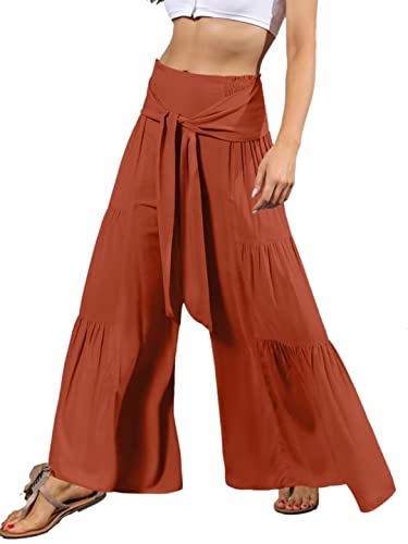 JURIS Women's Tiered Flowy Palazzo Pants Elastic High Waisted Tie Knot Loose Wide Leg Pants XL Brick Red