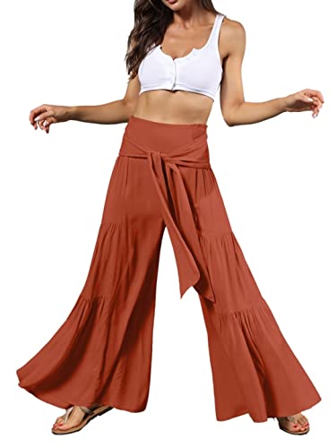 JURIS Women's Tiered Flowy Palazzo Pants Elastic High Waisted Tie Knot Loose Wide Leg Pants XL Brick Red