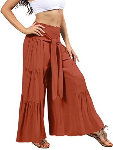 JURIS Women's Tiered Flowy Palazzo Pants Elastic High Waisted Tie Knot Loose Wide Leg Pants XL Brick Red