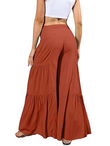 JURIS Women's Tiered Flowy Palazzo Pants Elastic High Waisted Tie Knot Loose Wide Leg Pants XL Brick Red