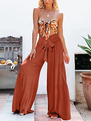 JURIS Women's Tiered Flowy Palazzo Pants Elastic High Waisted Tie Knot Loose Wide Leg Pants XL Brick Red