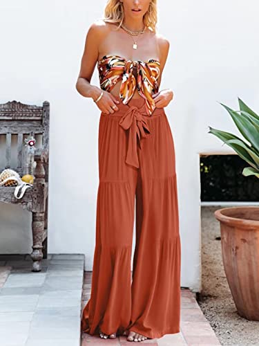 JURIS Women's Tiered Flowy Palazzo Pants Elastic High Waisted Tie Knot Loose Wide Leg Pants XL Brick Red