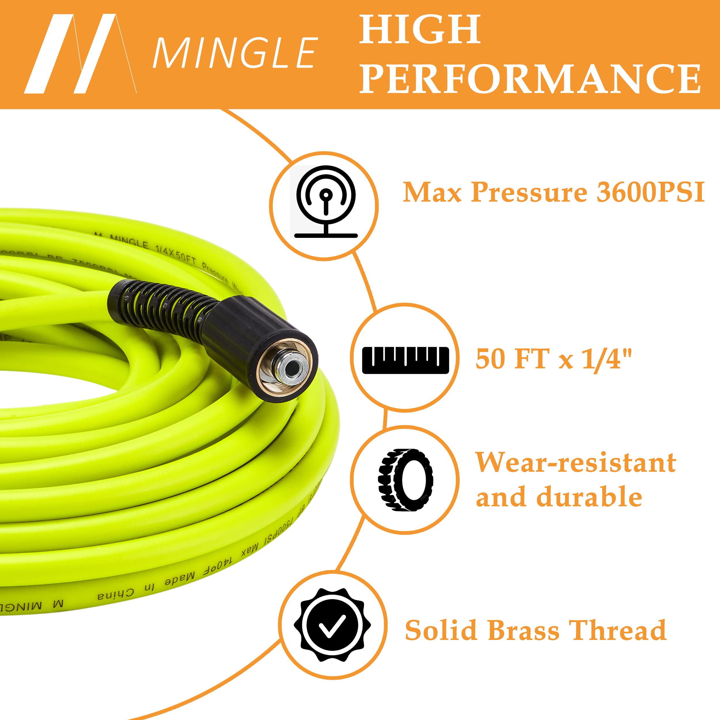 M MINGLE Pressure Washer Hose 50 FT x 1/4" - Replacement Power Wash Hose High Pressure Washer Gun Snow Foam Lance