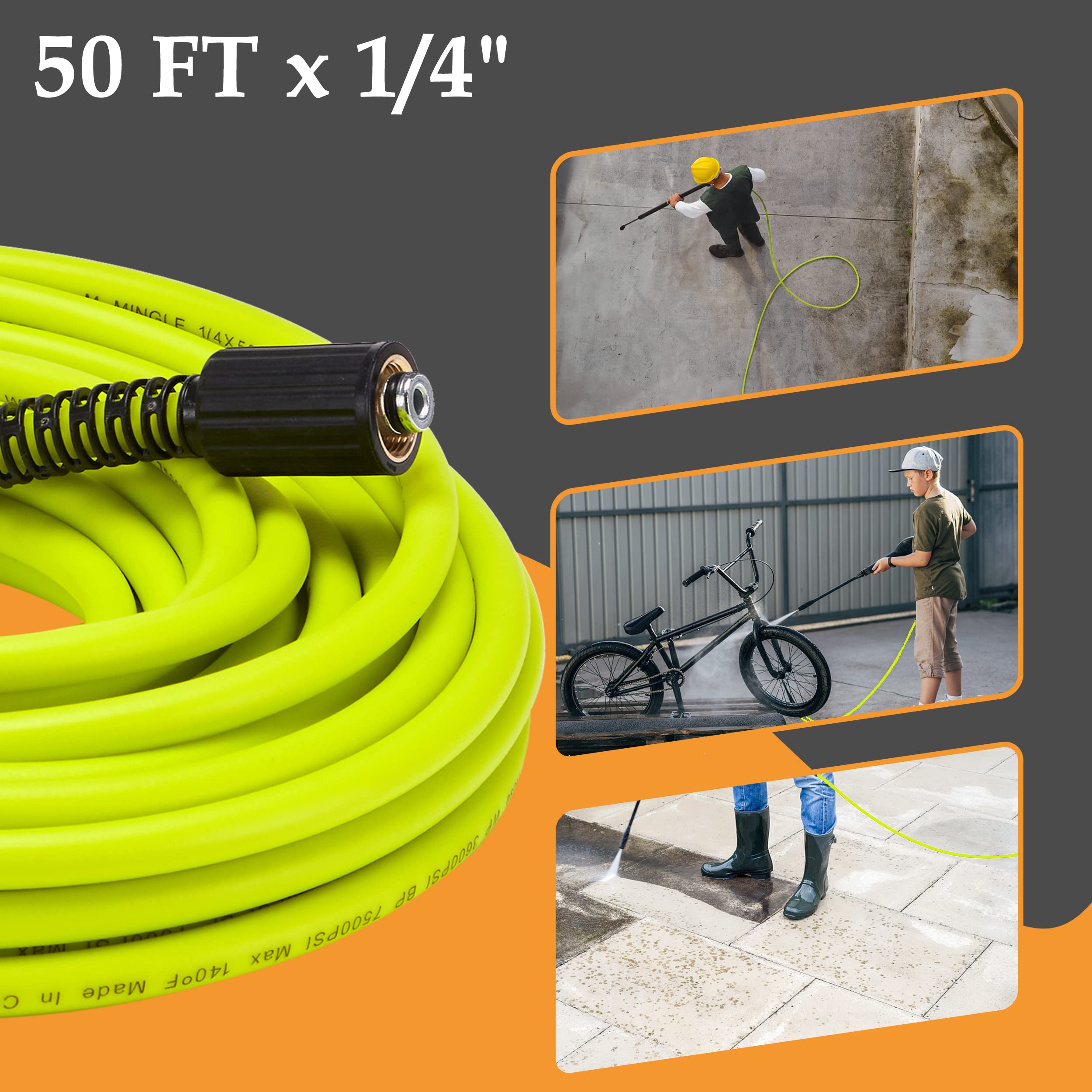 M MINGLE Pressure Washer Hose 50 FT x 1/4" - Replacement Power Wash Hose High Pressure Washer Gun Snow Foam Lance