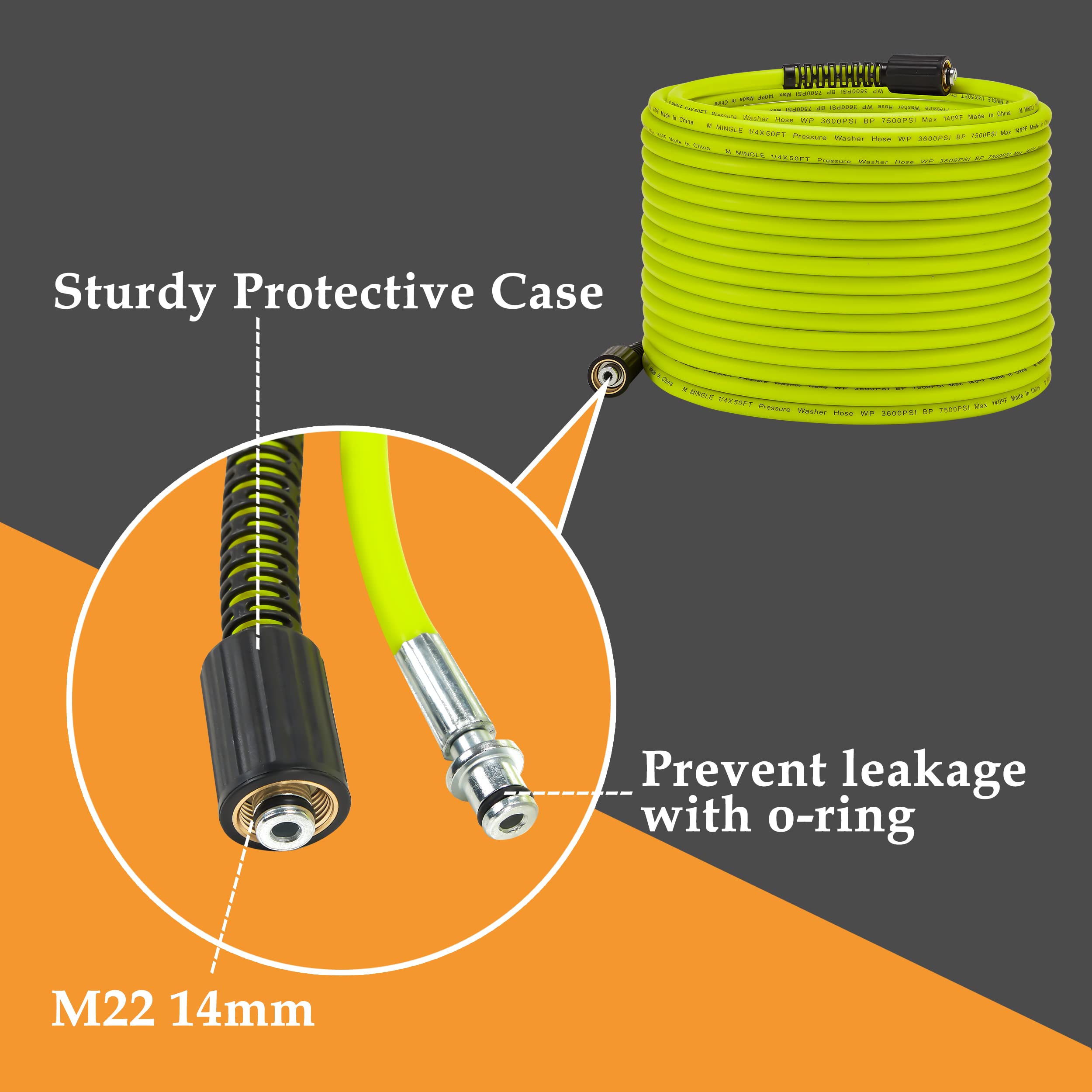 M MINGLE Pressure Washer Hose 50 FT x 1/4" - Replacement Power Wash Hose High Pressure Washer Gun Snow Foam Lance
