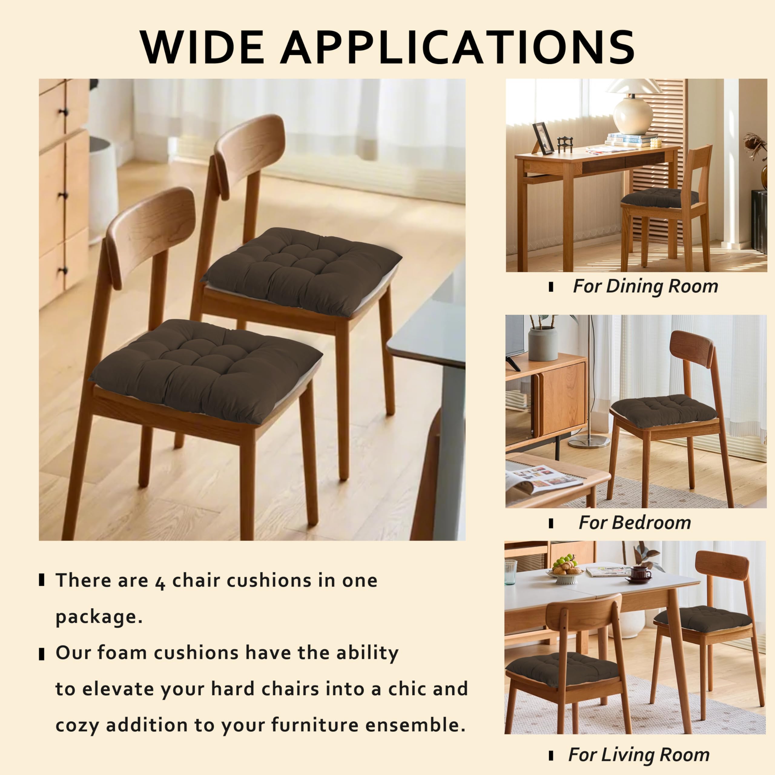 ELFJOY 4 Pack Chair Cushions for Dining Chairs 17x17 inch Seat Cushions for Kitchen Chairs Soft and Comfortable Square Chair Pads with Ties, Coffee