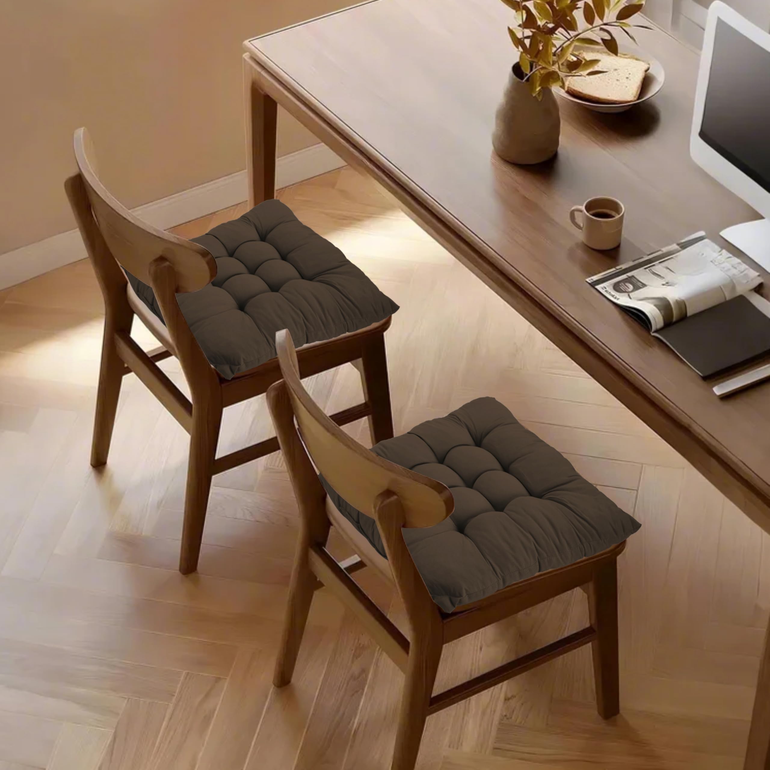 ELFJOY 4 Pack Chair Cushions for Dining Chairs 17x17 inch Seat Cushions for Kitchen Chairs Soft and Comfortable Square Chair Pads with Ties, Coffee