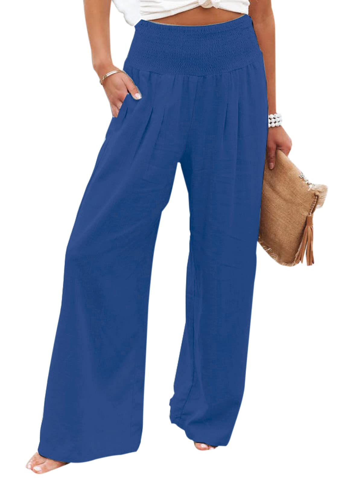 GLIENST Women's Cotton Linen Pants Elastic High Waist Wide Leg Palazzo Lounge Smocked Trousers with for Ladies Pockets One Piece Navy Blue XL X Navy