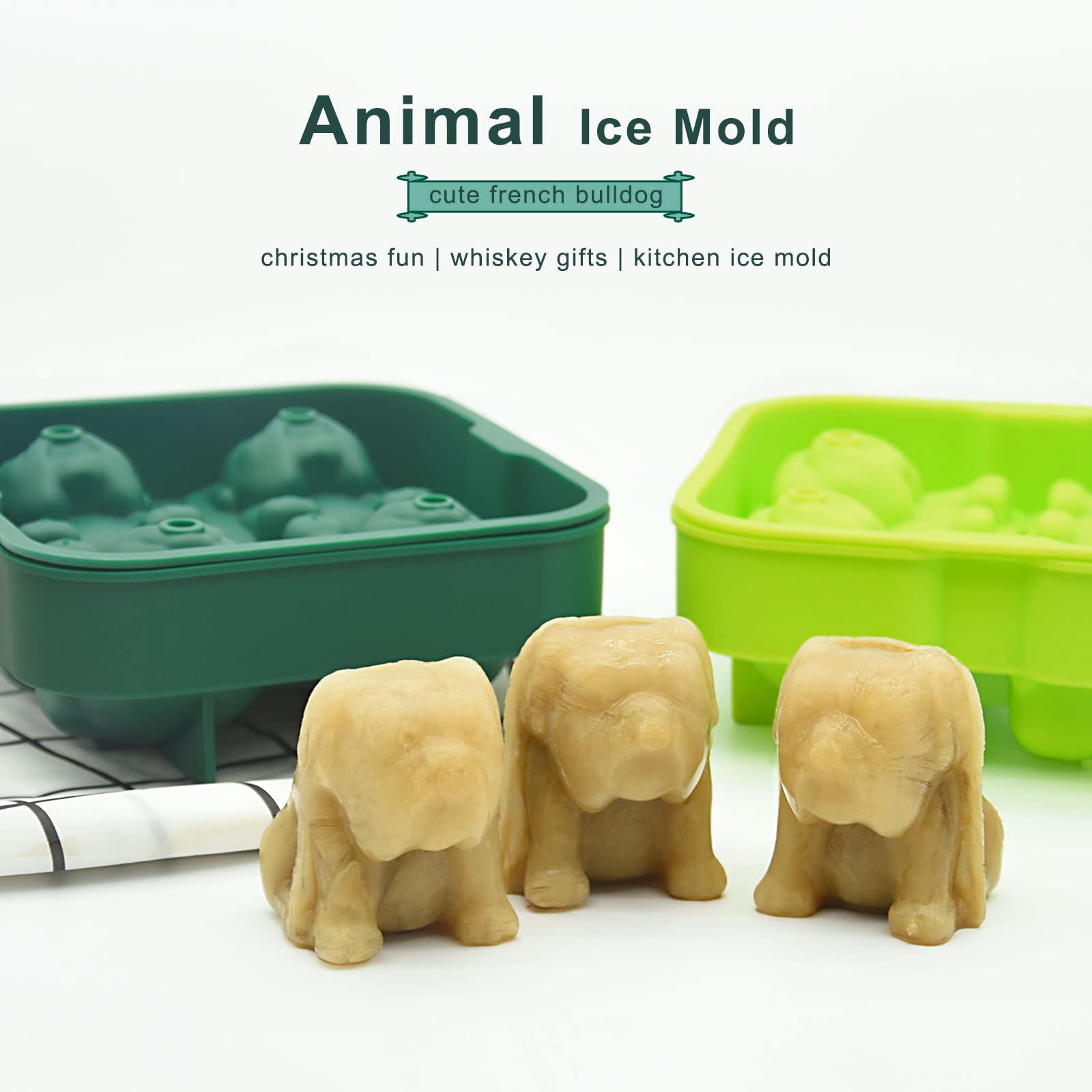 Bongpuda Funny Ice Cube Molds,4 Cavity 3D Bulldog Ice Cube Mold,Silicone Ice Cube Trays Shapes,Ice Cube Model For Bulldog Lovers to Make Whiskey,Cocktails and Fun Drinks Bulldog Gifts(Dark Green)