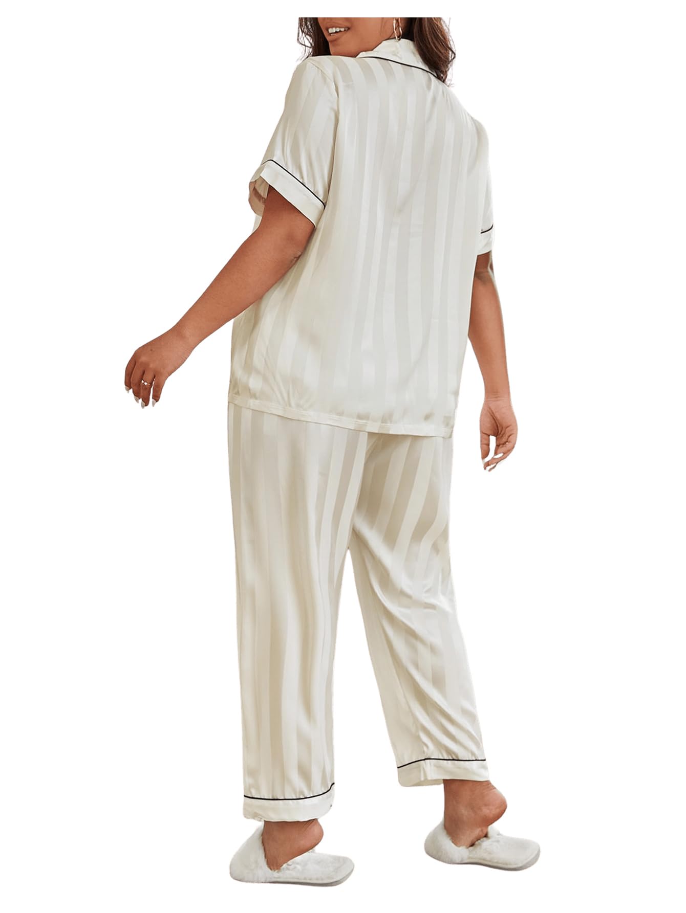 OYOANGLE Women's Plus Size Satin Pajama Set Silky Short Sleeve Button Down Tops and Pants Sleepwear Loungewear White 3XL