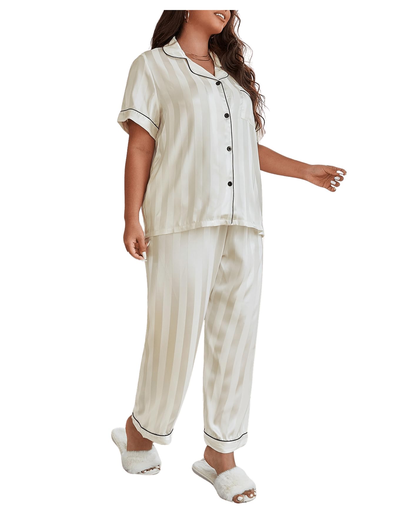 OYOANGLE Women's Plus Size Satin Pajama Set Silky Short Sleeve Button Down Tops and Pants Sleepwear Loungewear White 3XL