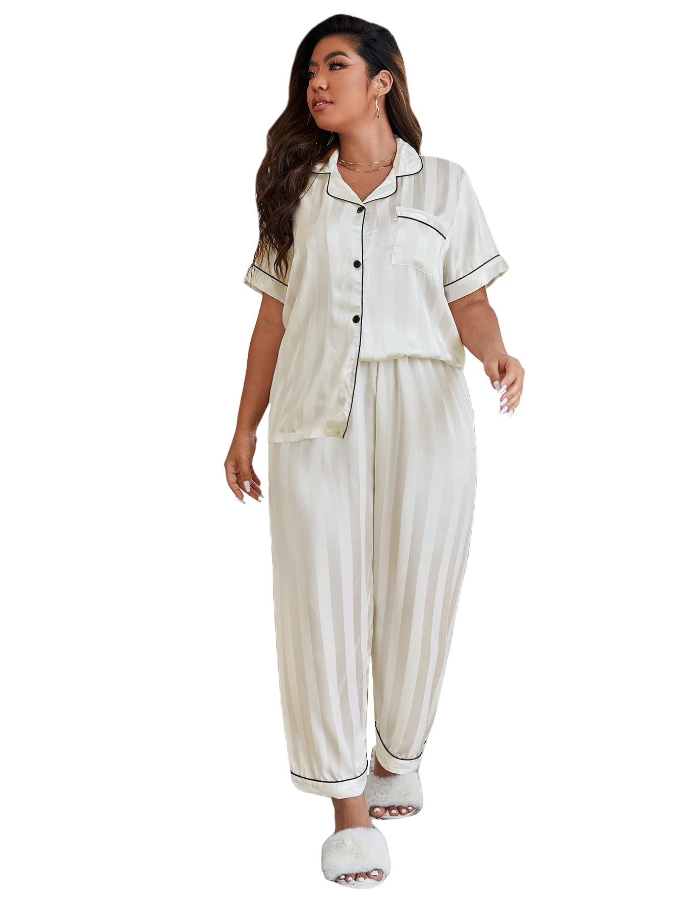 OYOANGLE Women's Plus Size Satin Pajama Set Silky Short Sleeve Button Down Tops and Pants Sleepwear Loungewear White 3XL
