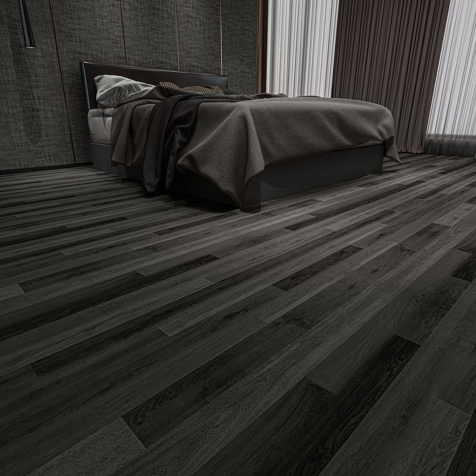 Peel and Stick Floor Tiles Vinyl Flooring Planks, 24 Sheets 36 Sq.Ft Black Adhesive Wood Plank, Thin Design