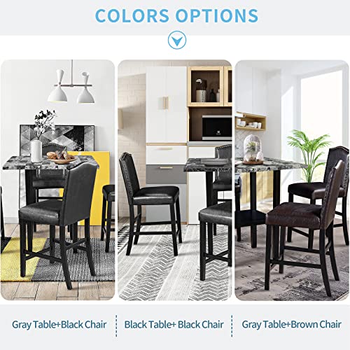 AYTTPG Modern 5 Piece Dinette Set with Matching Chairs and Bottom Shelf for Dining Room, Sturdy Wooden Frame, Marble Pattern Veneer, Chairs with Nail Head Trim, Easy Assembly, Black Chair+Gray Table