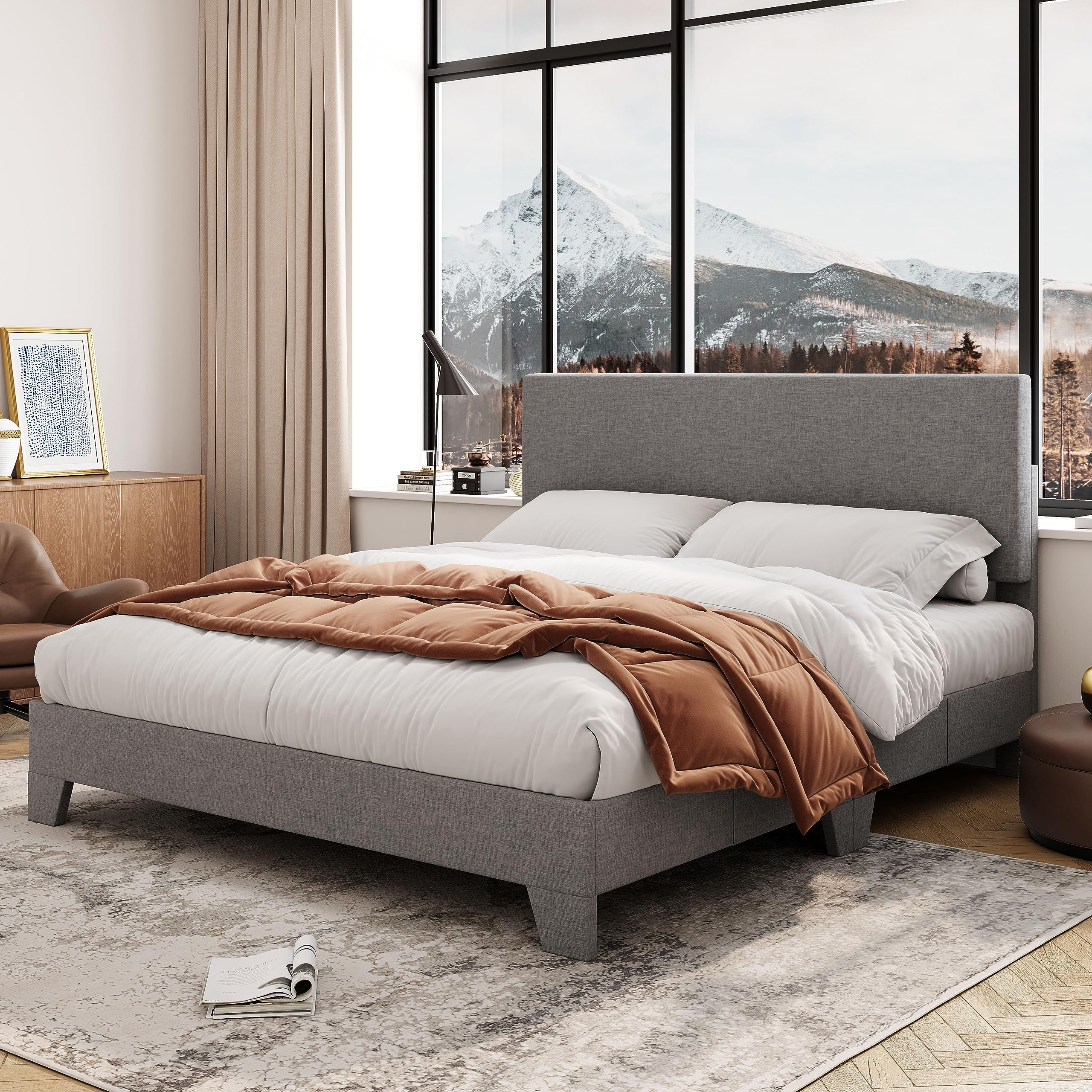 Allewie Full Size Bed Frame with Adjustable Headboard, Upholstered Platform Bed with Wood Slats, Heavy Duty Mattress Foundation, No Box Spring Needed, Noise-Free, Easy Assembly, Light Grey