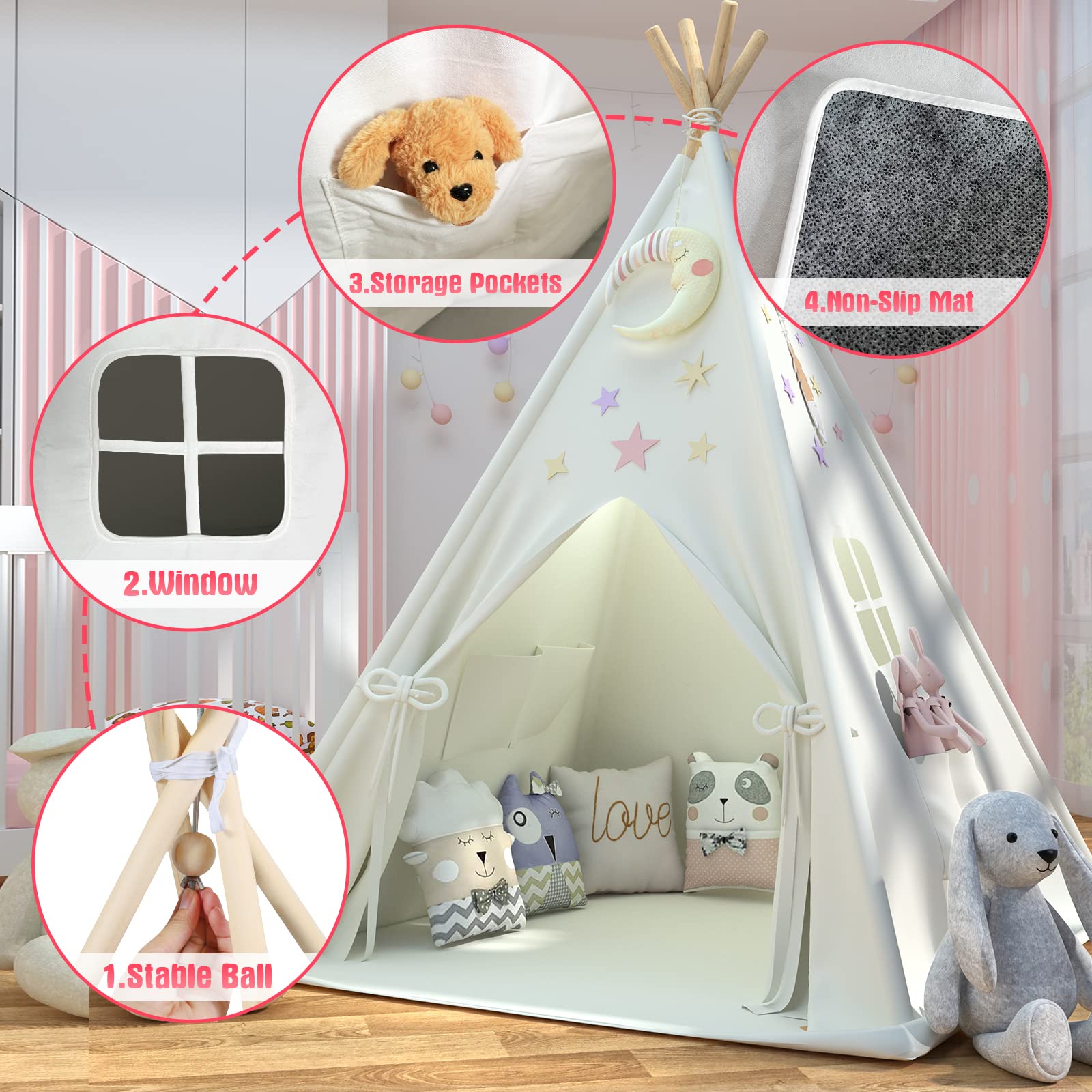 Kids Teepee Tent with Padded Mat & Light String, Washable Foldable Play Tent, Natural Cotton Canvas Teepee Indoor Outdoor Playhouse for Toddler, for 3 4 5 6 7 8 9 10 Boys and Girls