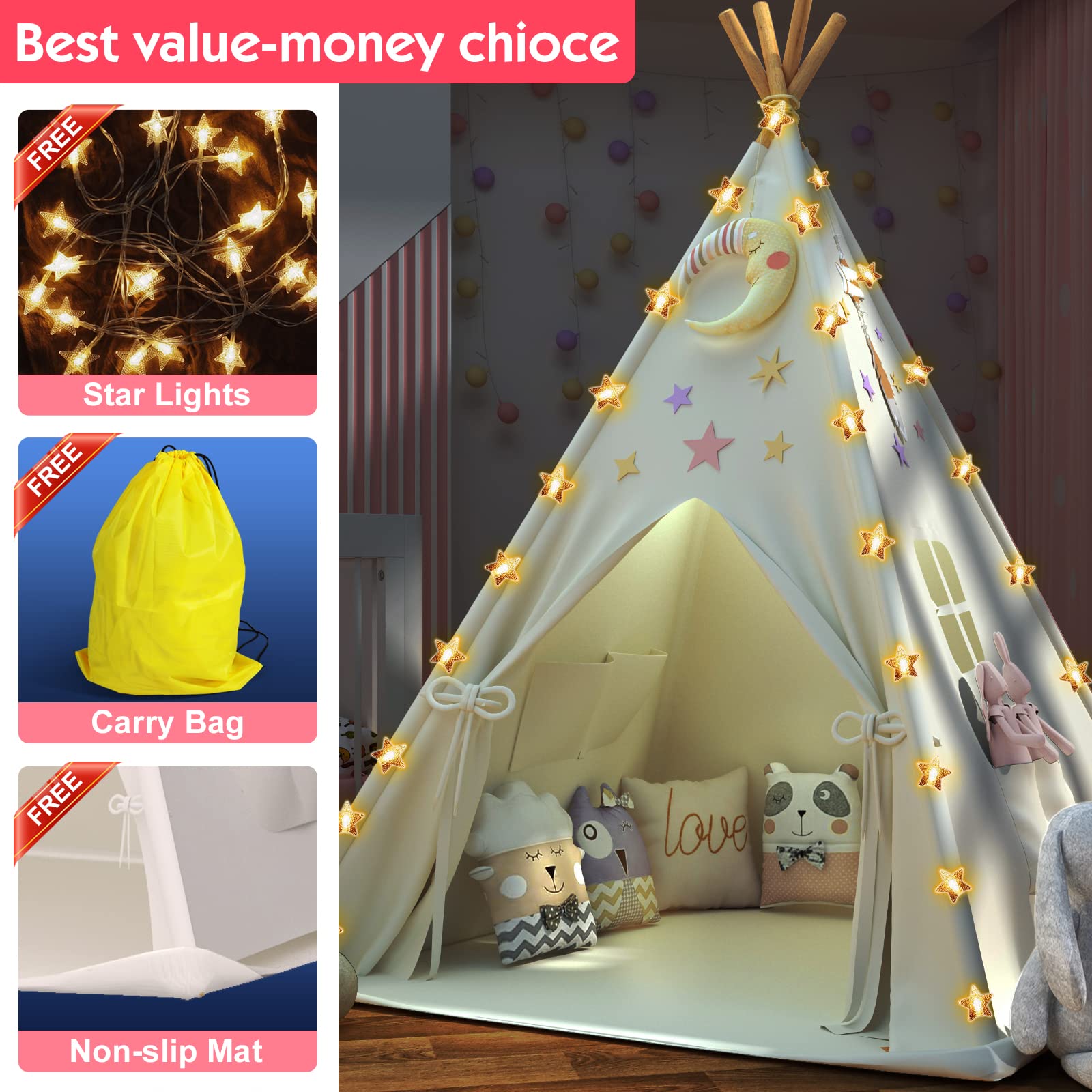 Kids Teepee Tent with Padded Mat & Light String, Washable Foldable Play Tent, Natural Cotton Canvas Teepee Indoor Outdoor Playhouse for Toddler, for 3 4 5 6 7 8 9 10 Boys and Girls