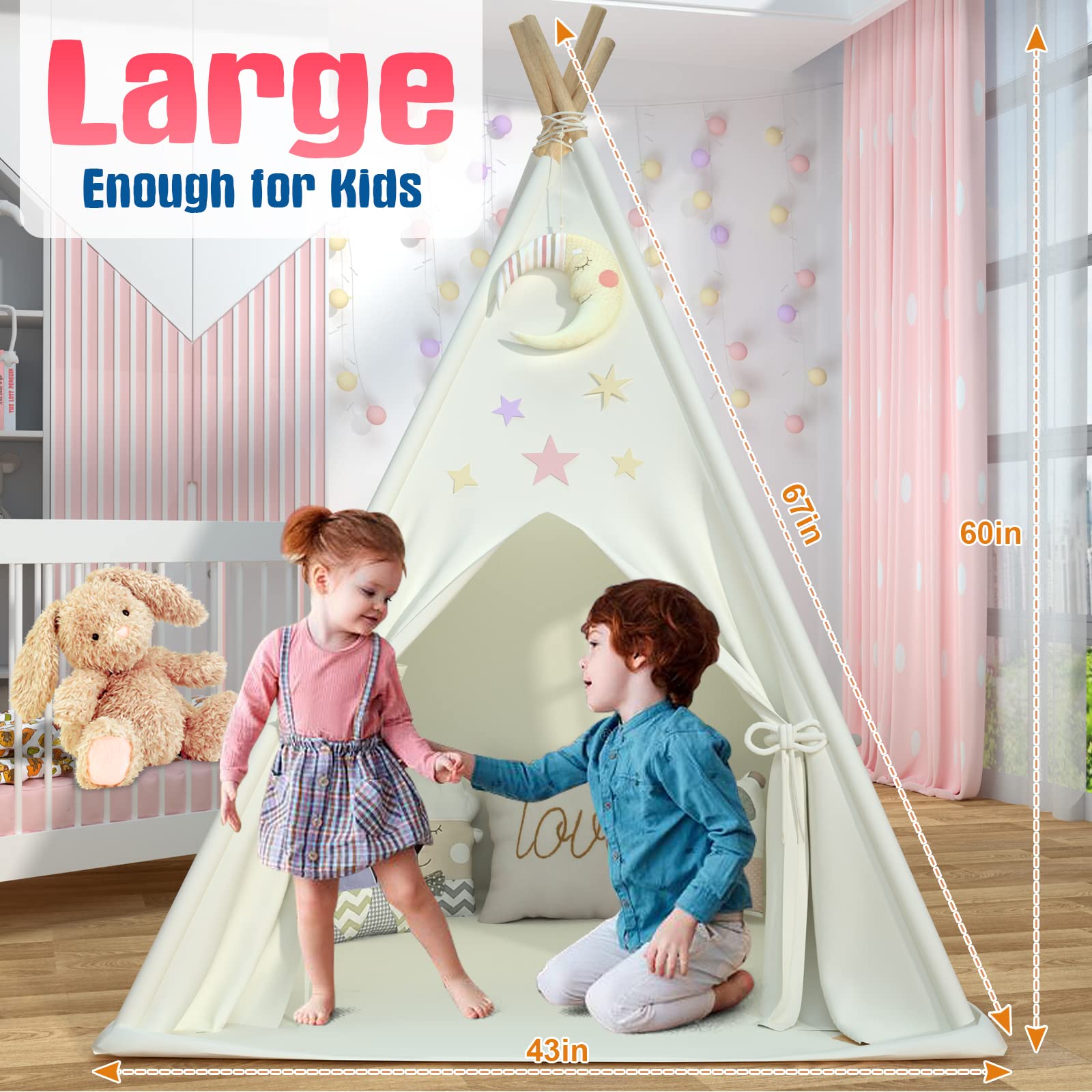 Kids Teepee Tent with Padded Mat & Light String, Washable Foldable Play Tent, Natural Cotton Canvas Teepee Indoor Outdoor Playhouse for Toddler, for 3 4 5 6 7 8 9 10 Boys and Girls