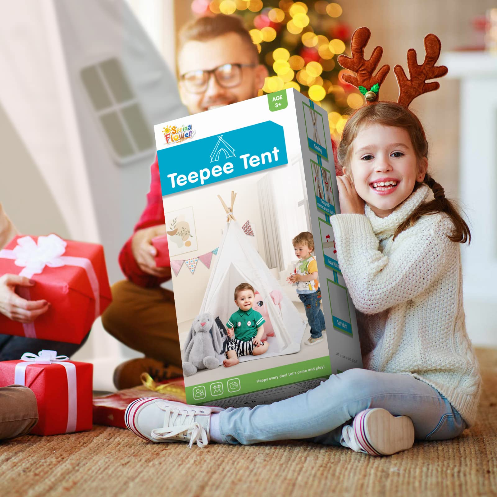 Kids Teepee Tent with Padded Mat & Light String, Washable Foldable Play Tent, Natural Cotton Canvas Teepee Indoor Outdoor Playhouse for Toddler, for 3 4 5 6 7 8 9 10 Boys and Girls
