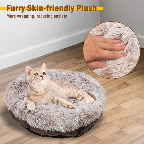 KOOLTAIL Cat Bed, Super Soft Plush Calming Cute Warm Cat Beds for Indoor Warm in Winter, Marshmallow Pet Bed,Anti Anxiety Donut Cuddler Round Dog Kitty Bed Furry Cushion Bed Washable (Brown)