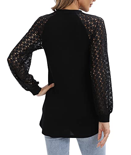 Sigeeya Women’s Long Sleeve Casual Tunic Tops Lace Lady Tops and Blouse(Black,Large)