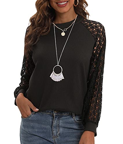 Sigeeya Women’s Long Sleeve Casual Tunic Tops Lace Lady Tops and Blouse(Black,Large)