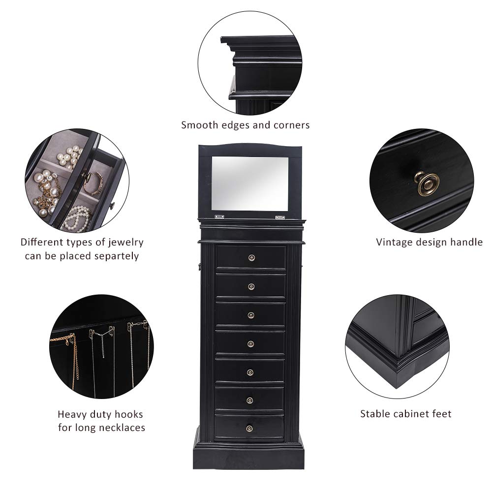 EEBUIHUI Standing Jewelry Armoire Cabinet Storage Chest with 7 Drawers, 2 Swing Doors, 24 Necklace Hooks, Makeup Mirror Storage Organizer, Large Standing Jewelry Armoire (Black)