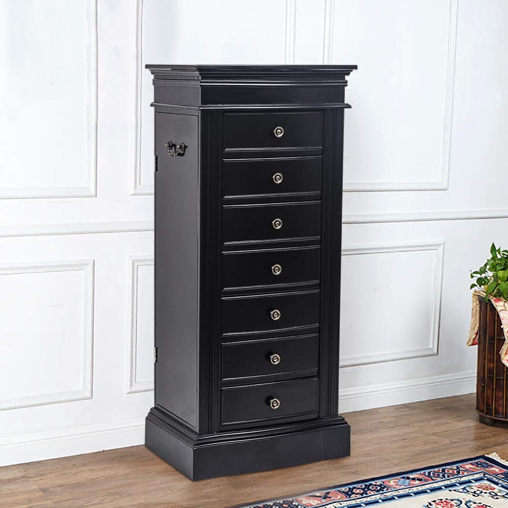 EEBUIHUI Standing Jewelry Armoire Cabinet Storage Chest with 7 Drawers, 2 Swing Doors, 24 Necklace Hooks, Makeup Mirror Storage Organizer, Large Standing Jewelry Armoire (Black)